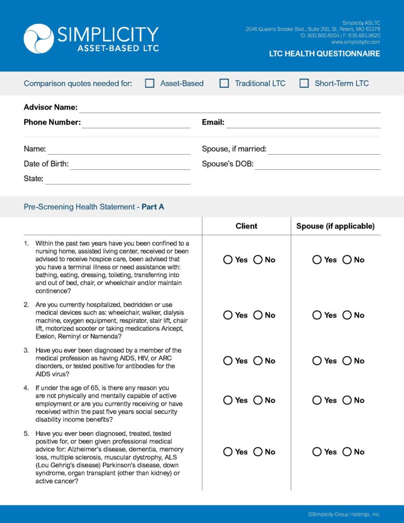 LTC Quote Tool Request - Simplicity Asset Based Long Term Care